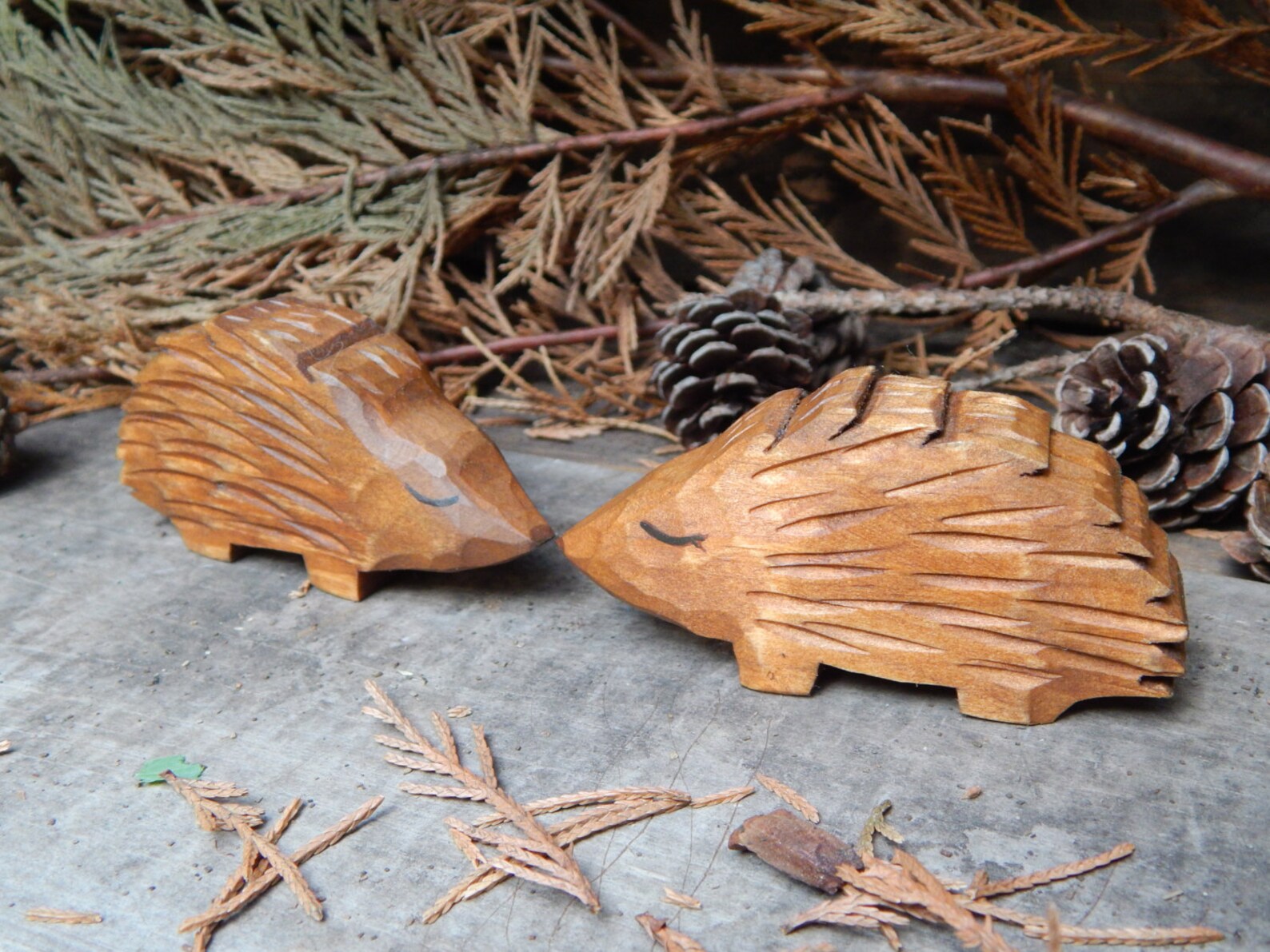 Hand Carved Wood Hedgehog Set: Natural Beeswax Finish - Etsy
