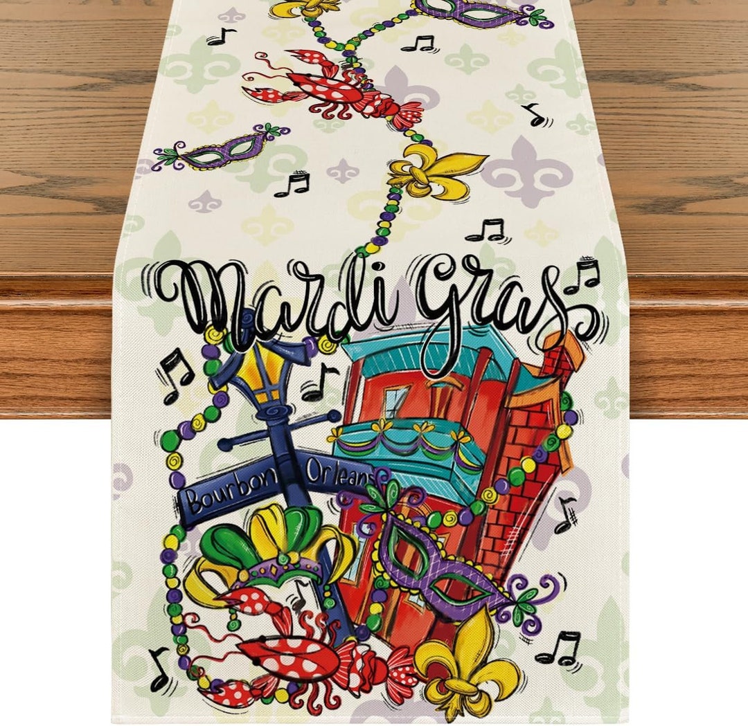 House Irises Carnival Gnomes Mardi Gras Table Runner, Seasonal Kitchen ...