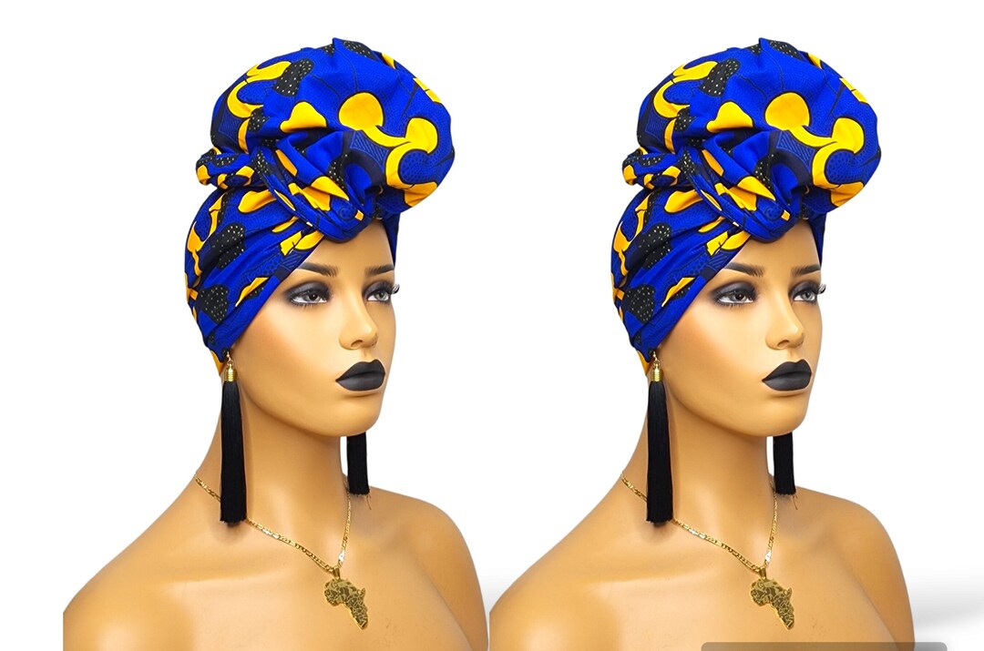 African Print Head Wraps for Women Blue and Gold | Ankara Headwrap ...