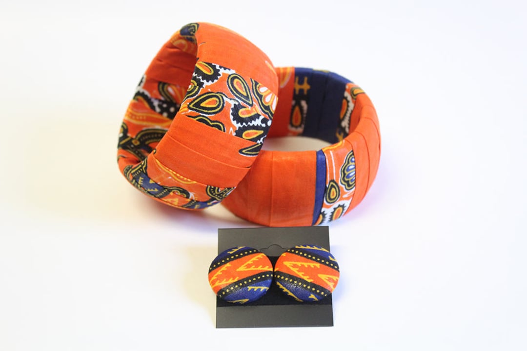 Orange Dashiki Jewelry Set: Handmade Cotton Bangle & Stud Earrings - Etsy