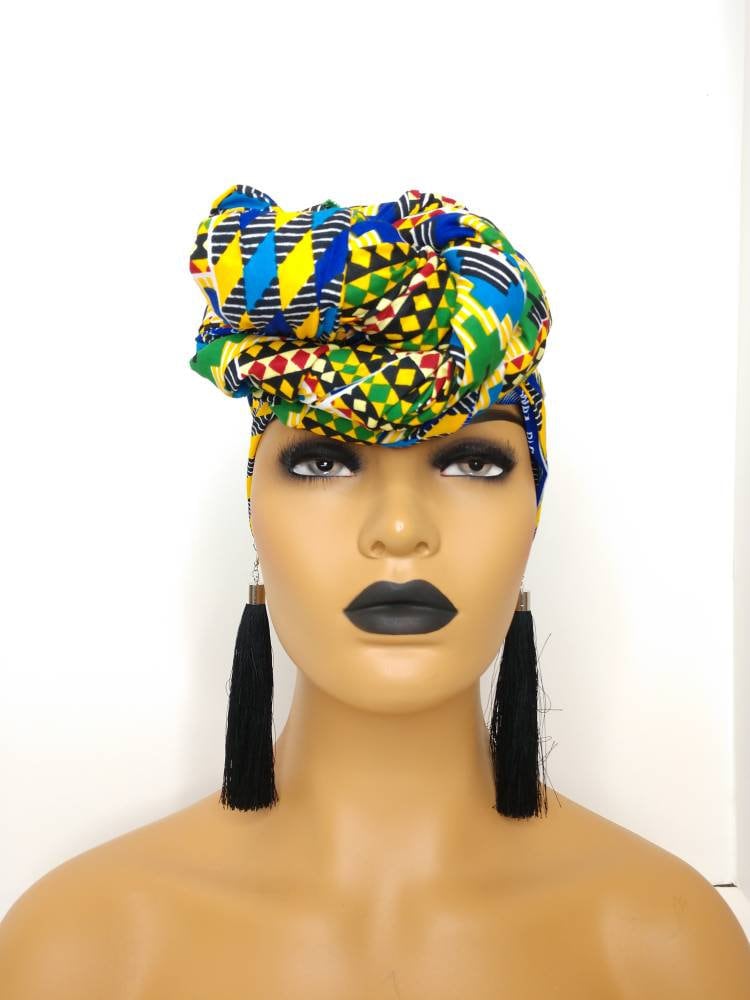 African Head Wraps for Women in Blue and Green Kente Fabric Plus Size ...
