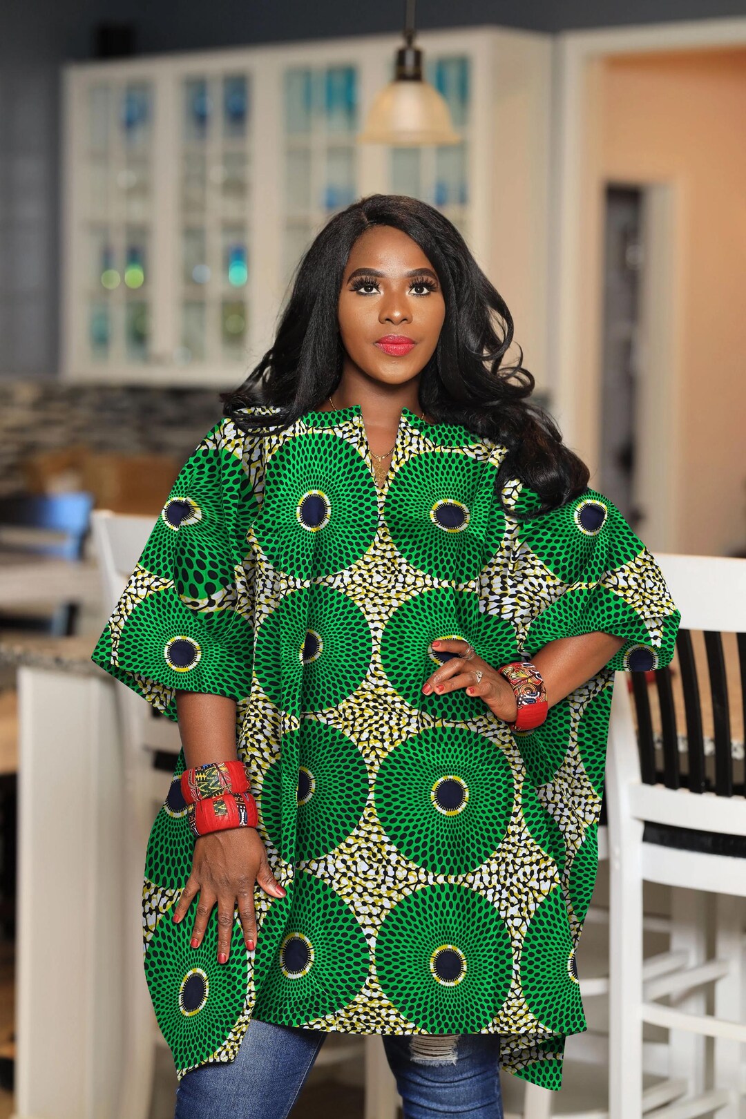 Green Ankara Dashiki Top for Women With Pockets | African Print Kaftan Blouse | Plus Size ...