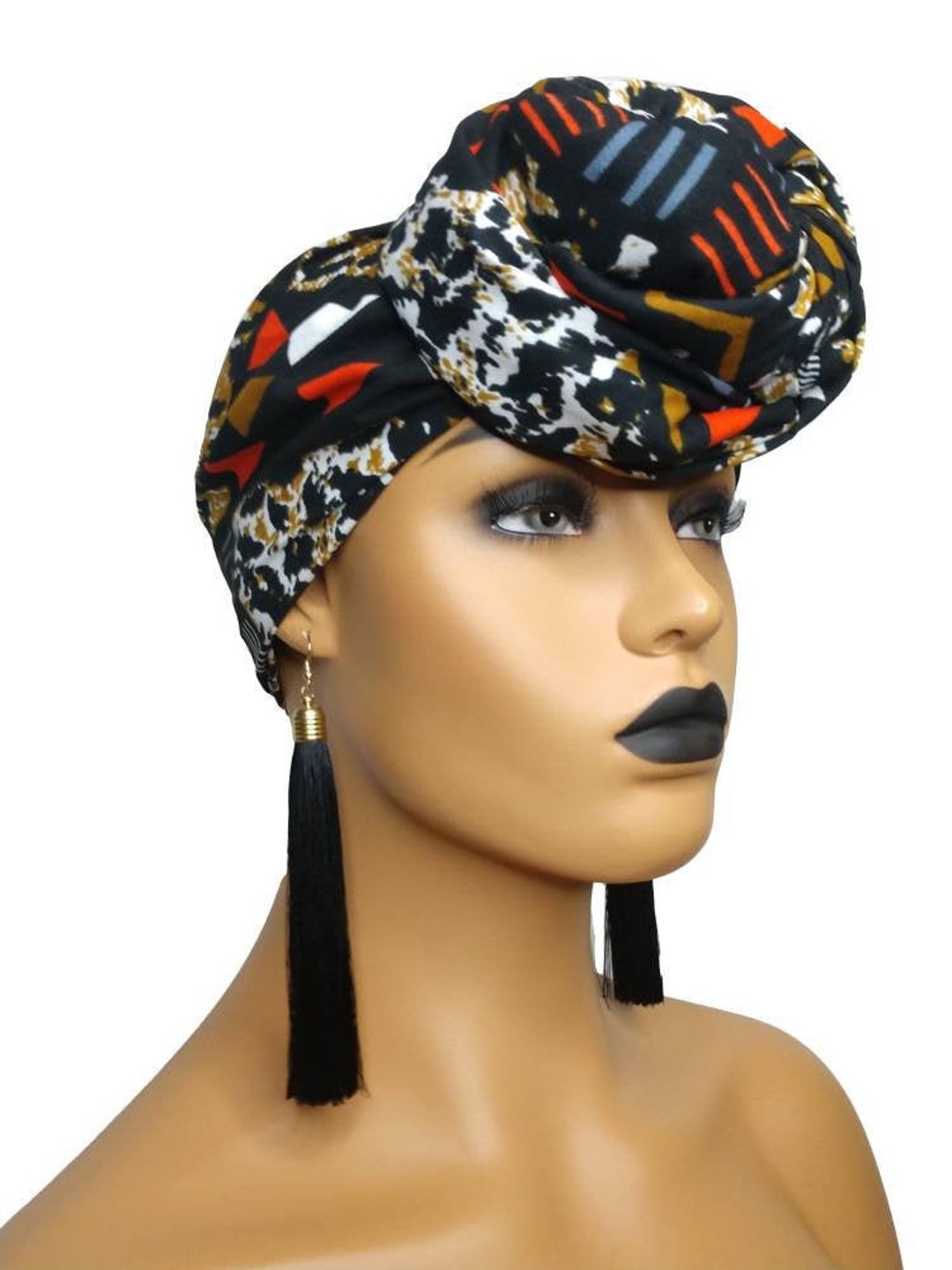 Black African Print Head Wrap | Ankara Turban Scarf - Etsy