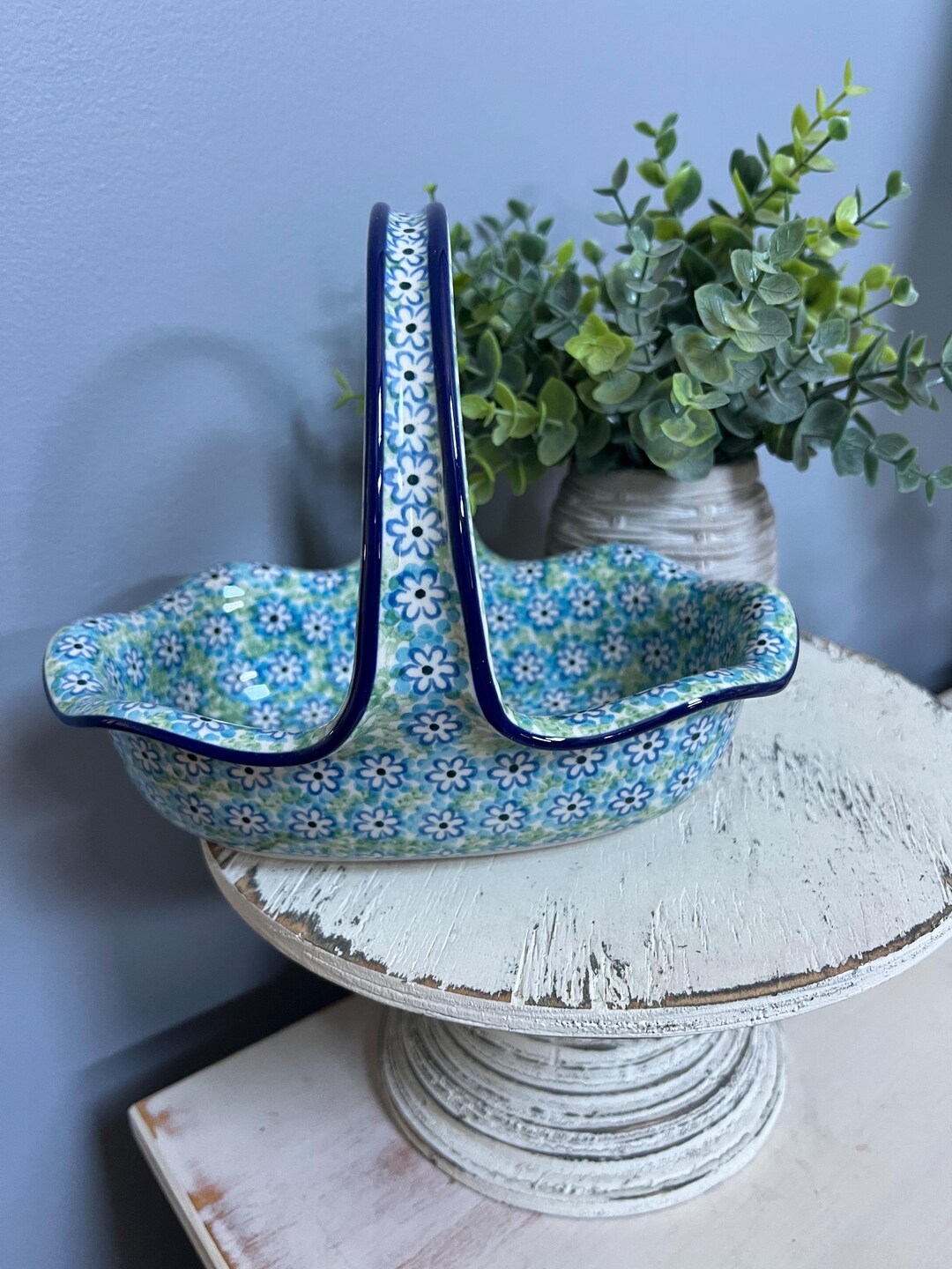 Polish Pottery Small Oval 8 Inch Basket With Handle - Etsy