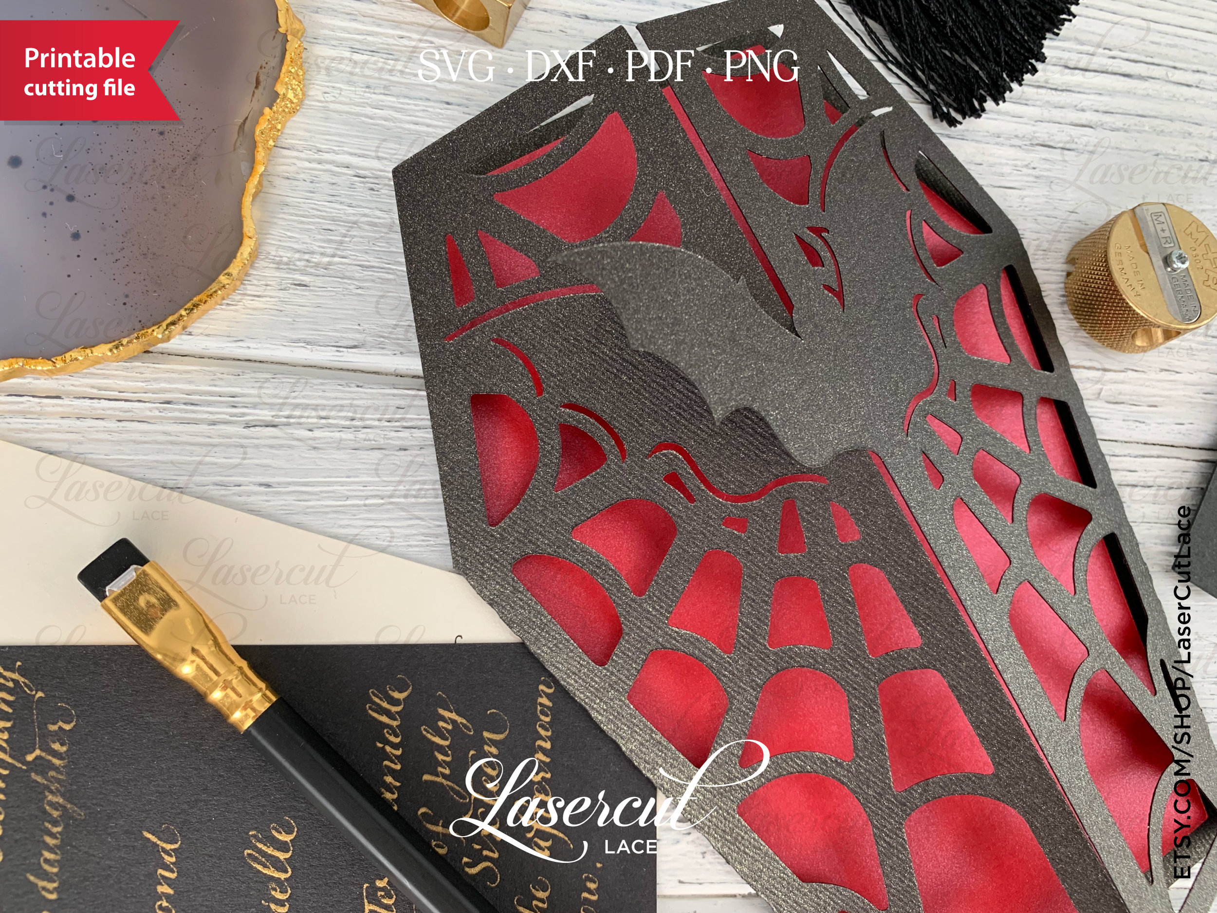 Gothic Coffin Card, Bat Spiderweb SVG, Halloween Party Spooky Bat Card ...