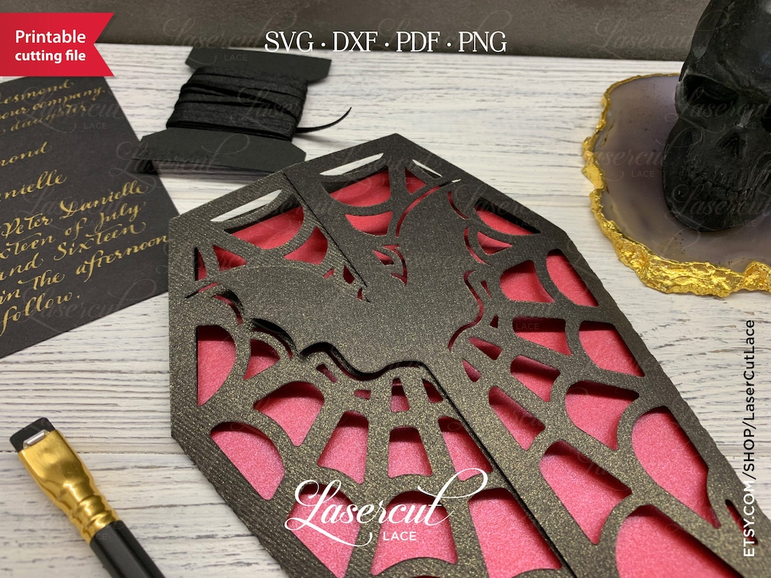 Gothic Coffin Card, Bat Spiderweb SVG, Halloween Party Spooky Bat Card ...