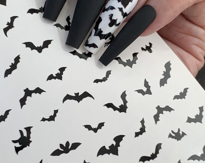 Black Bat Halloween Nails, Halloween Nail Decals, Black Bats Nails ...