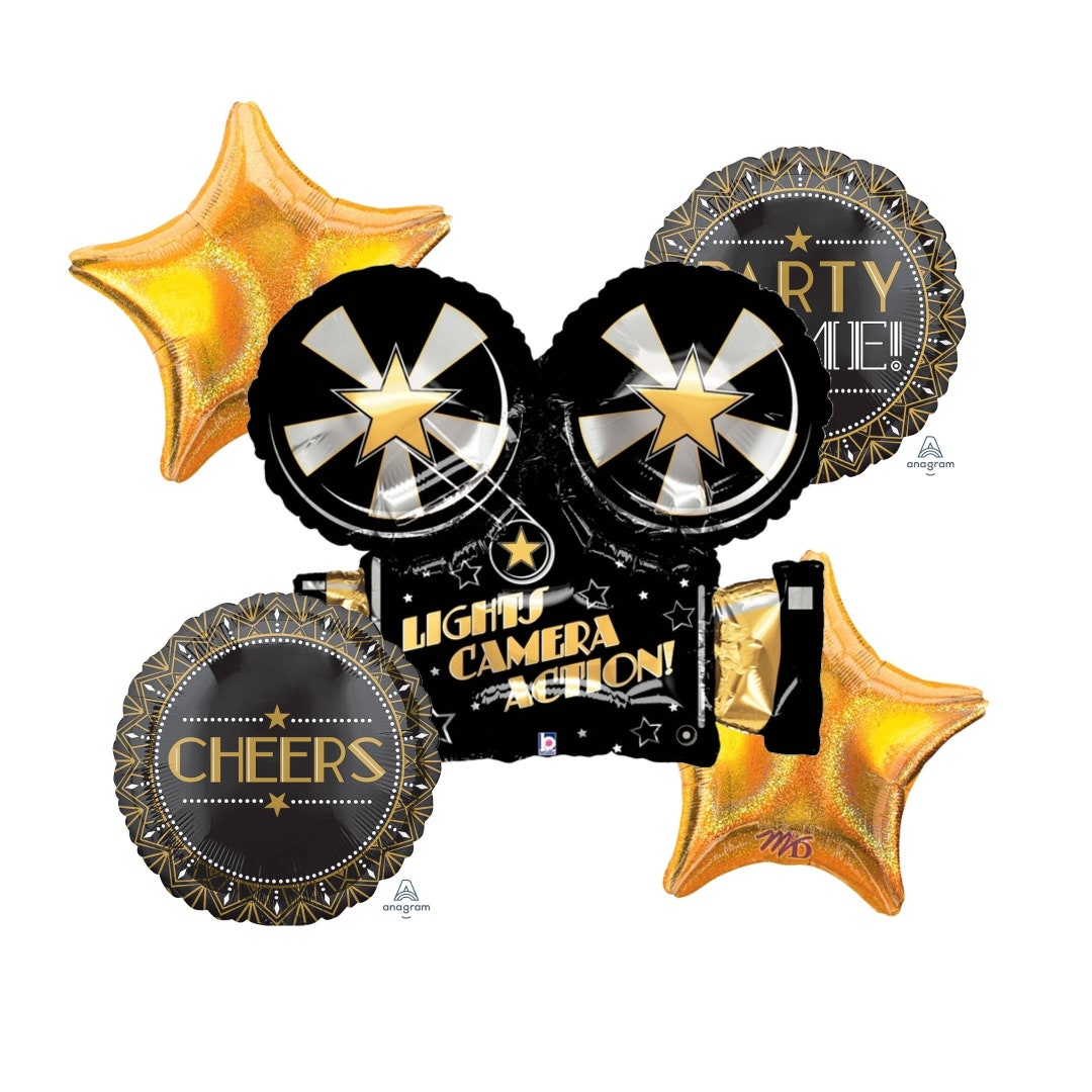 5pcs Lights Camera Action Projector Balloon Set Foil Gold Star Balloon ...
