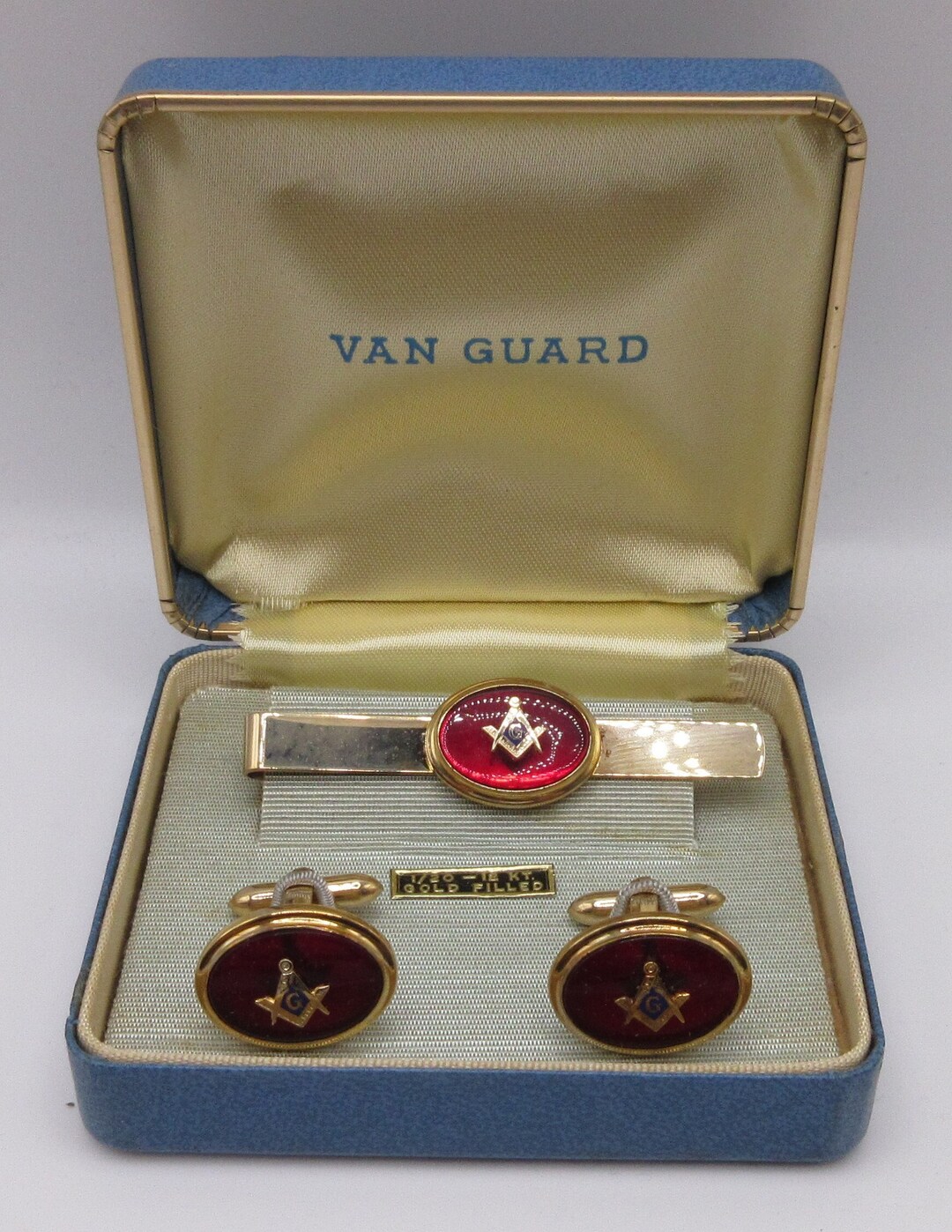 Vintage Signed Van Guard Freemason Tie Bar and Cuff Links Set With Red ...