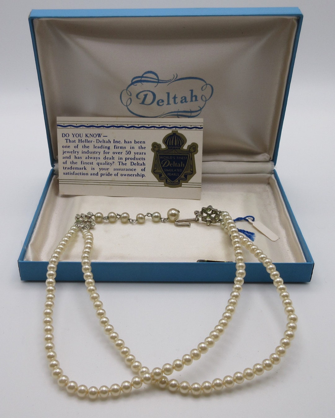 Vintage Deltah Faux Pearls Double Strand Necklace With Rhinestone ...