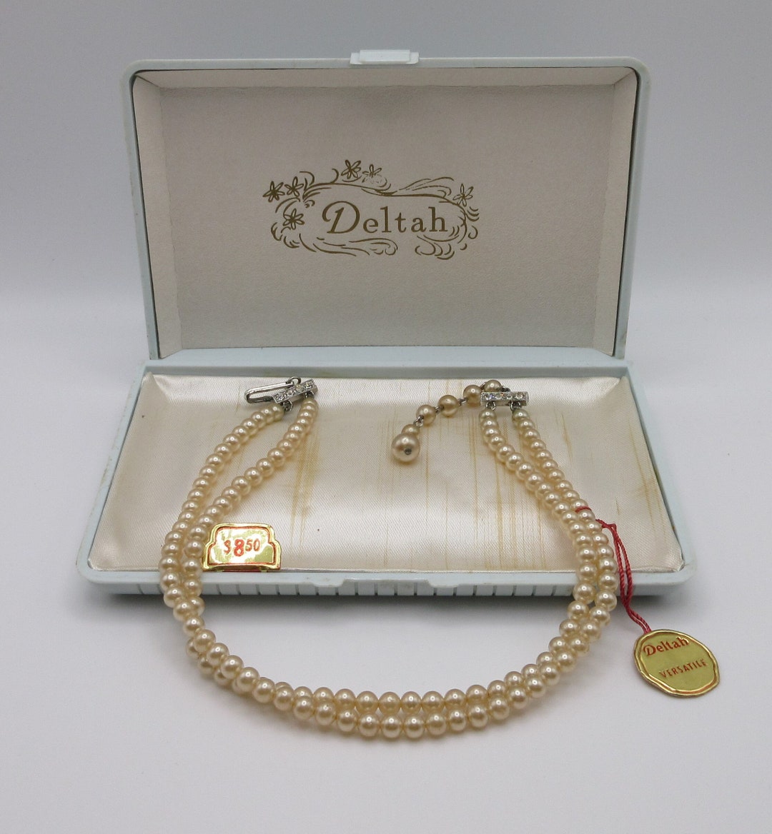 Vintage Deltah "pearls" Double Strand Necklace With Rhinestone Accents ...