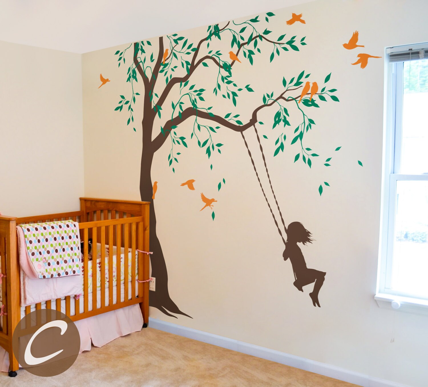 Tree Decal With Swings and Birds Large Nursery Tree Vinyl Wall Art Wall ...
