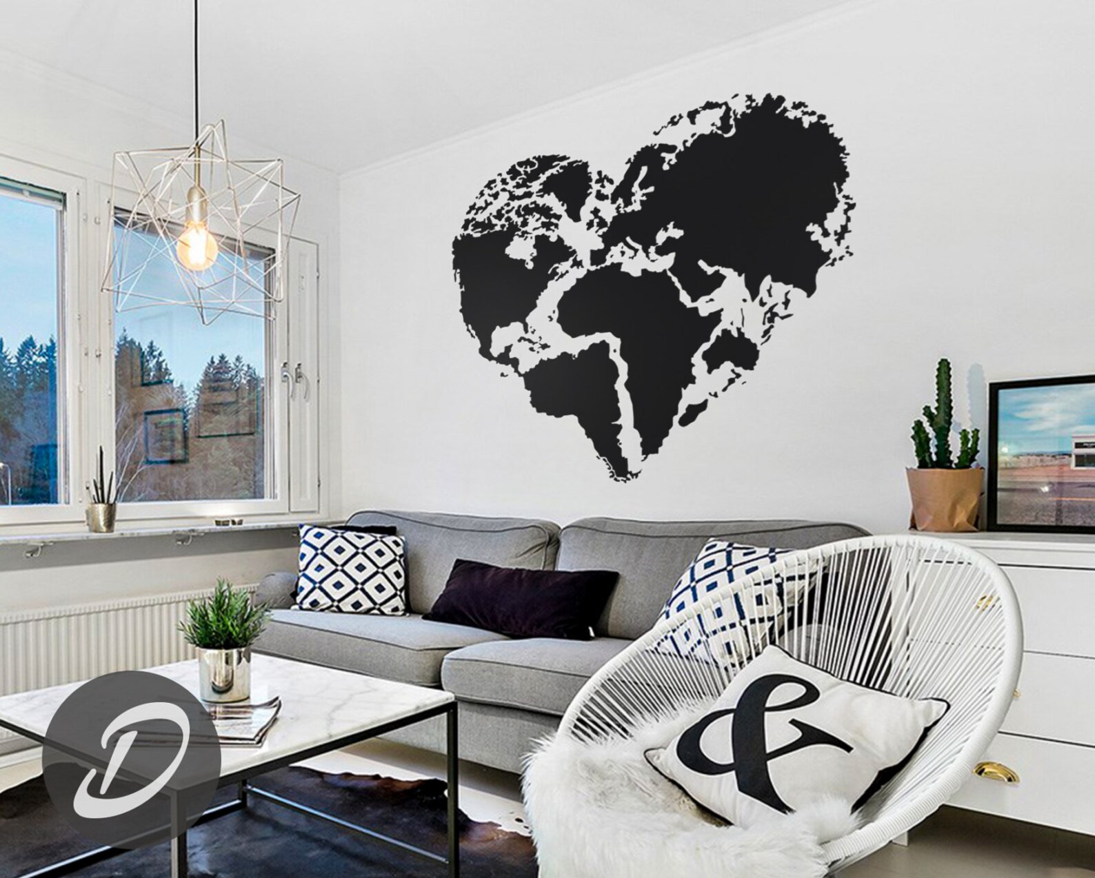 Heart Shaped Wall Map Sticker Wall Map Decal Wall Art Home Office Wall ...