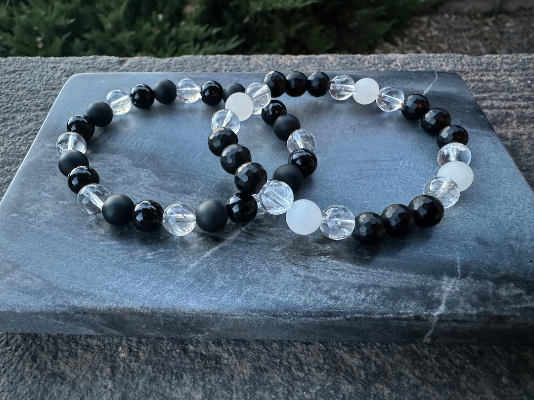 Genuine Black Onyx, White Jade, & Clear Quartz Beaded Gemstone Bracelet ...