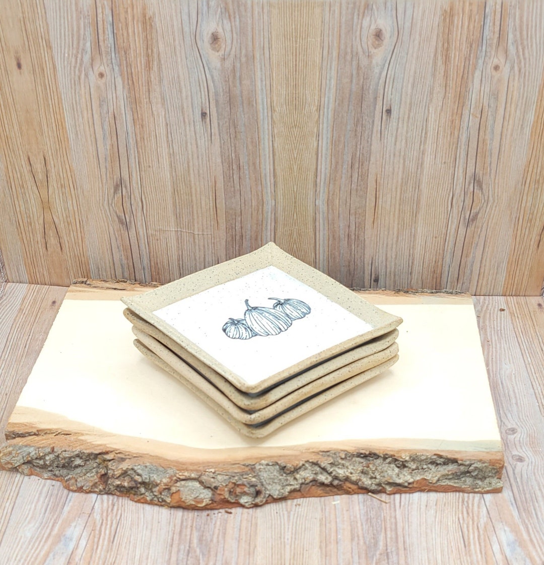 Handmade Pottery Stoneware Appetizer Plates, Set of Four, Pumpkins and ...