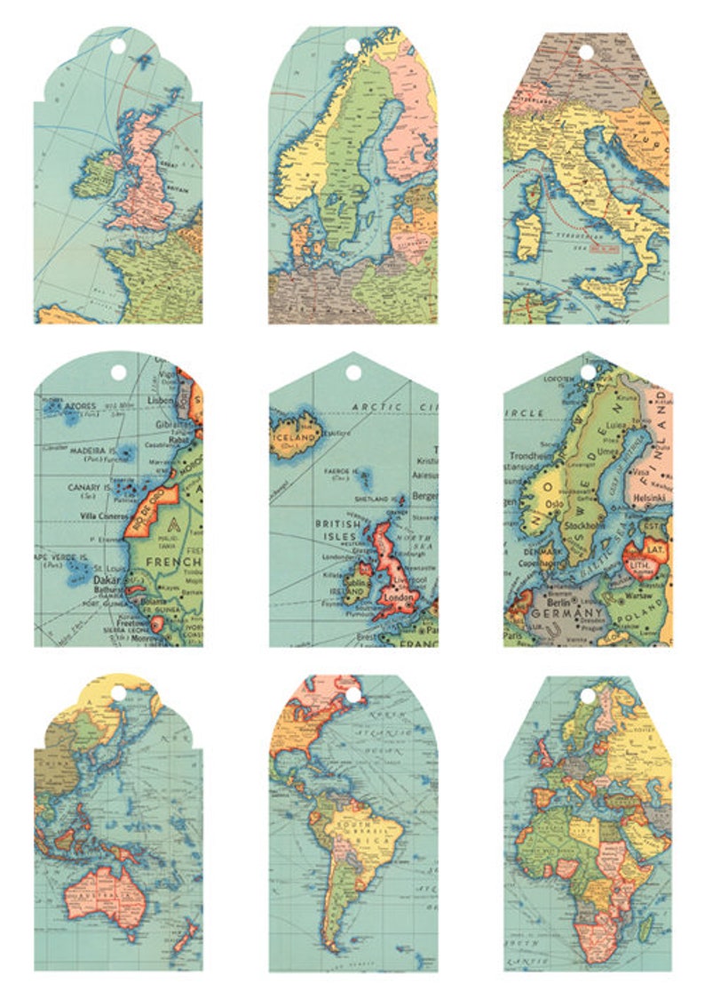 Digital map tags. Printable map gift tags. Antique maps tags | Etsy