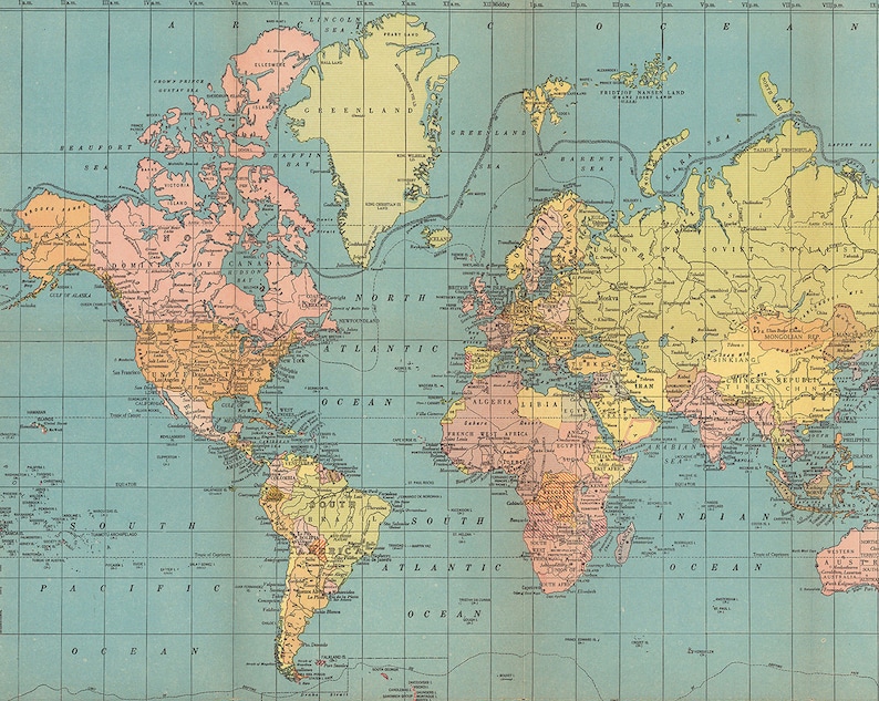 Digital World Map Poster. Antique Digital World Map. Printable Atlas ...