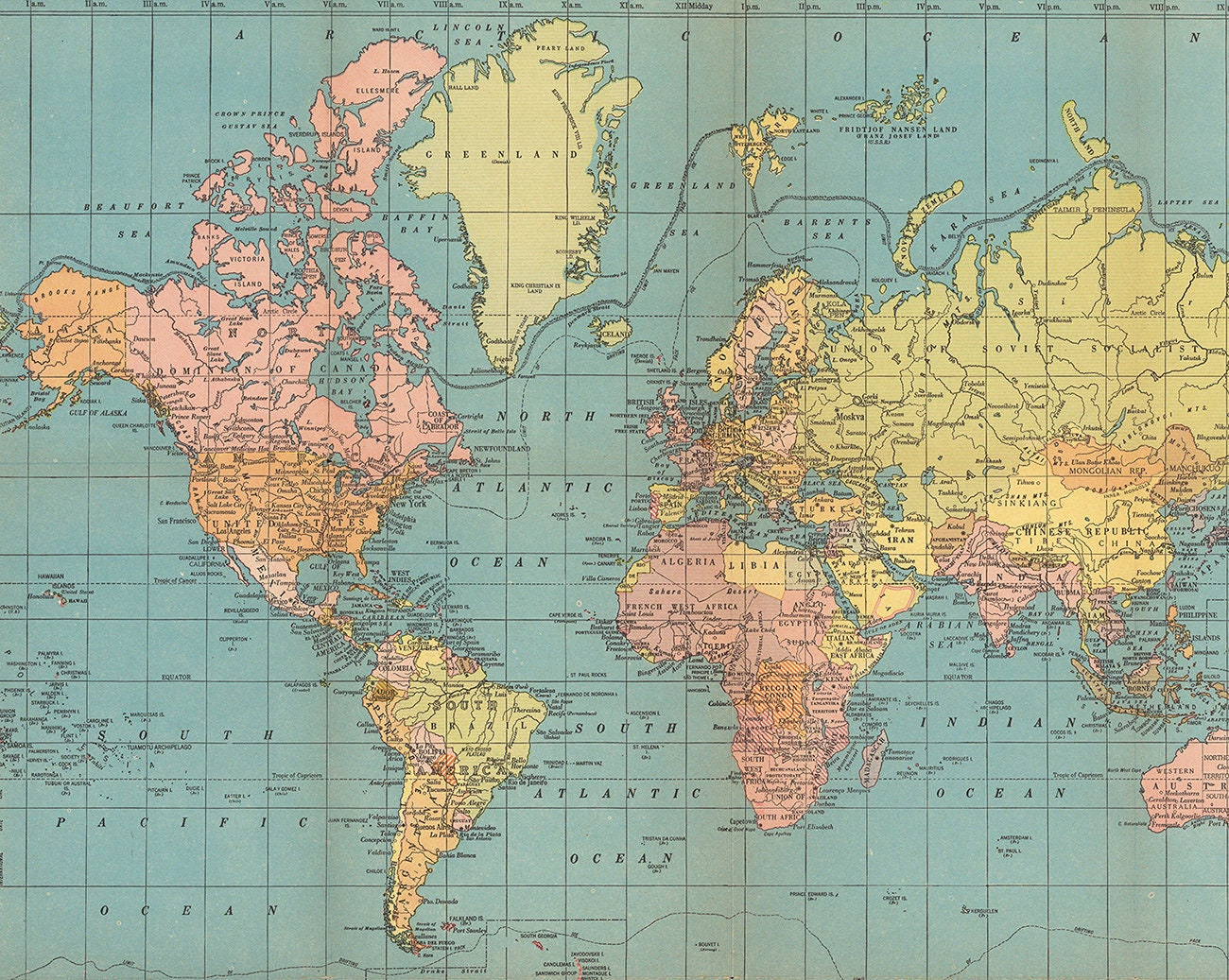 Digital World Map Poster. Antique Digital World Map. Printable Atlas ...