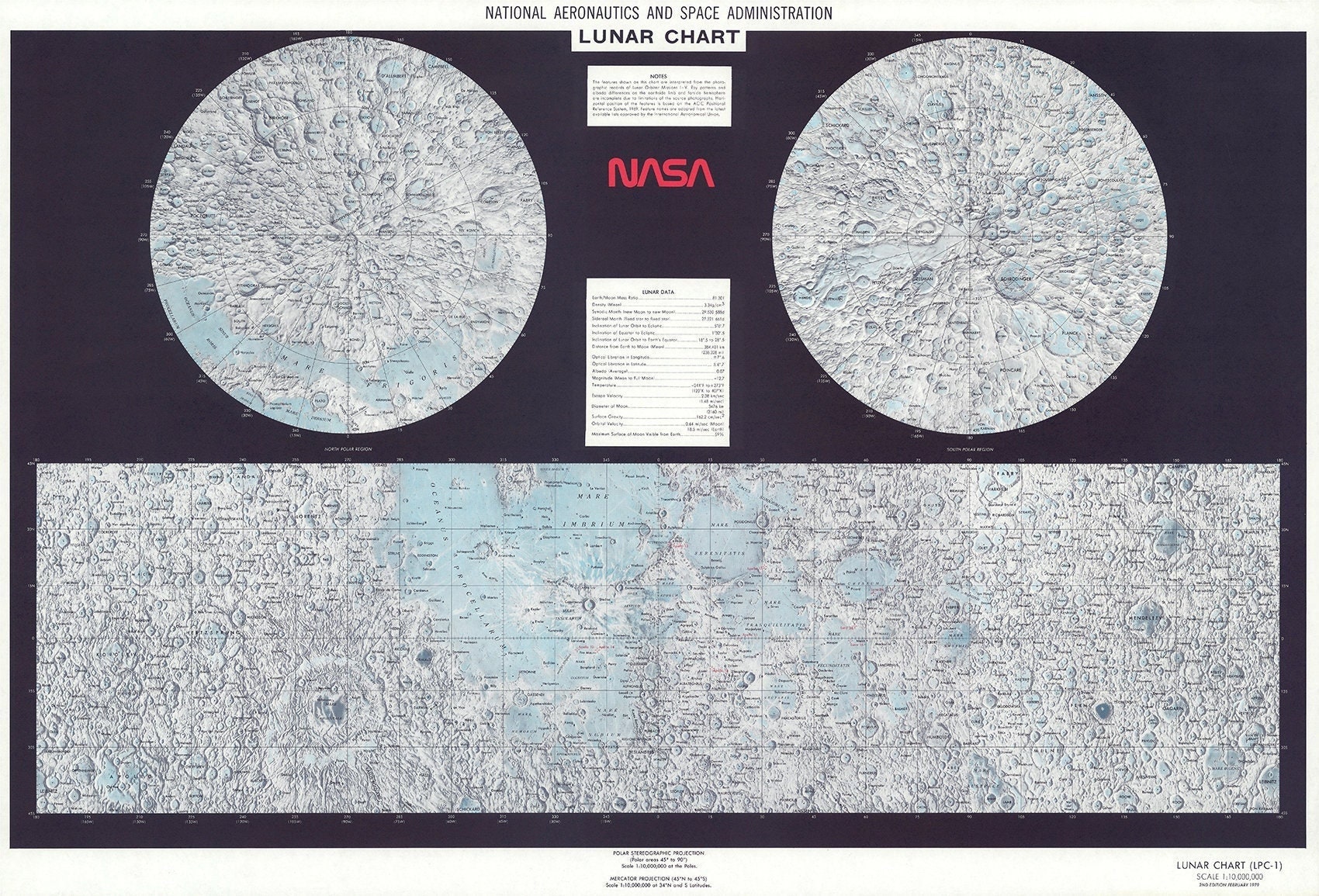 Antique NASA Printable Lunar Chart. 1979 NASA Moon Chart Digital Poster ...