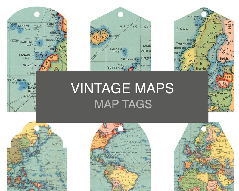 Digital map tags. Printable map gift tags. Antique maps tags | Etsy