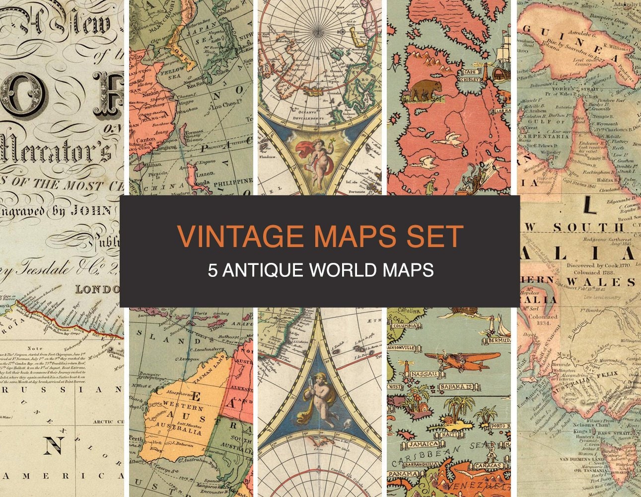 World map digital print set. Antique World map printable. | Etsy