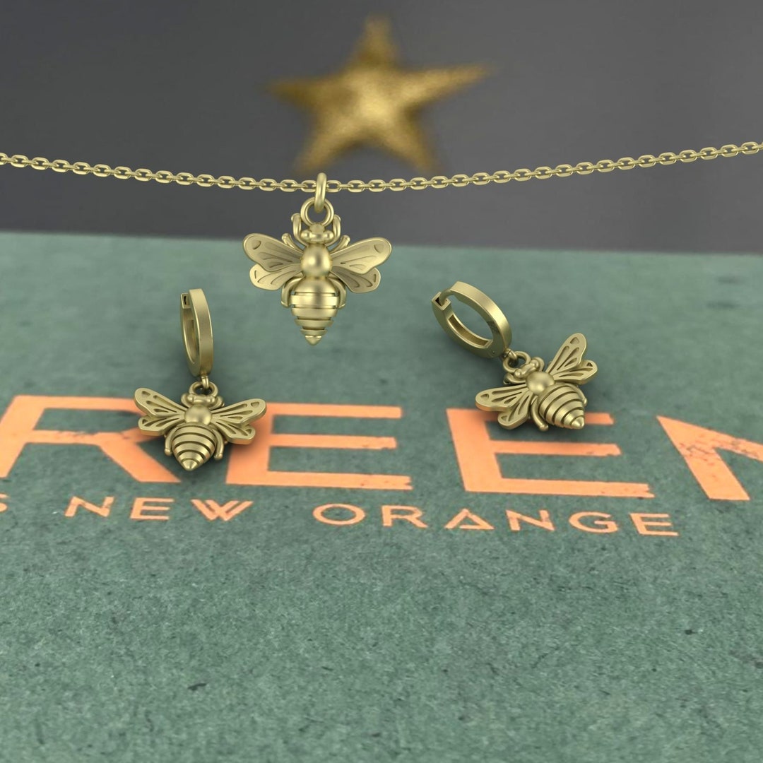 14K Solid Gold Bee Necklace, Minimal Bee Gold Necklace or Earrings, Bee ...