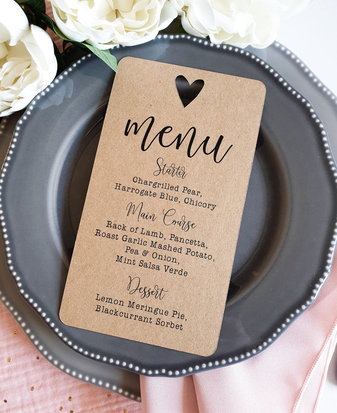 Rustic Wedding Menu Card on Kraft With Heart Cut Out - Etsy UK
