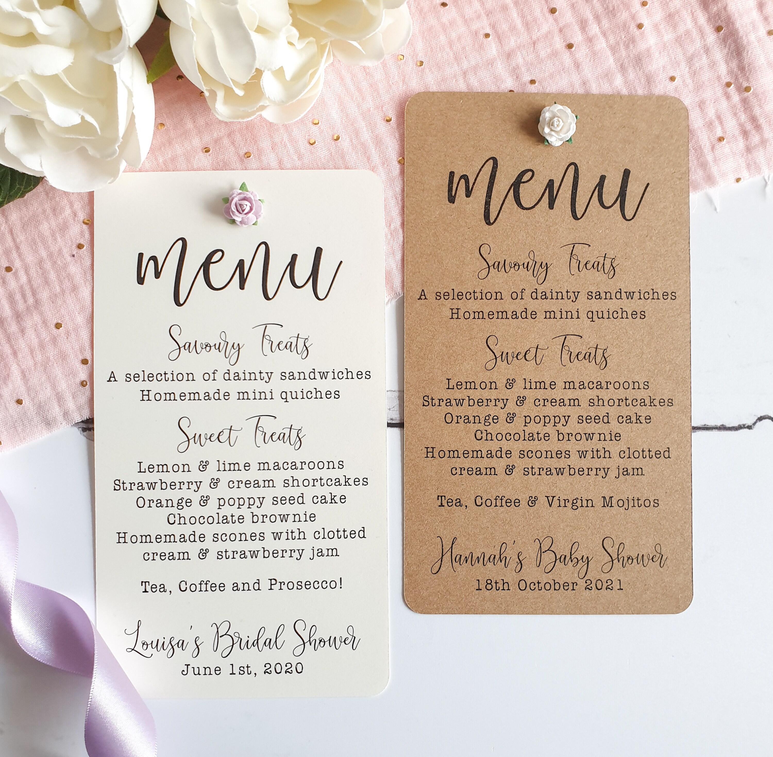 Bridal Shower Menu Cards on Kraft or Cream With Rose Detail. Country ...
