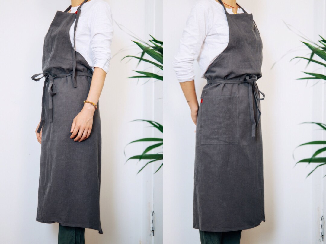 Linen Gray Apron: Long Pinafore Style - Adjustable Straps - Etsy
