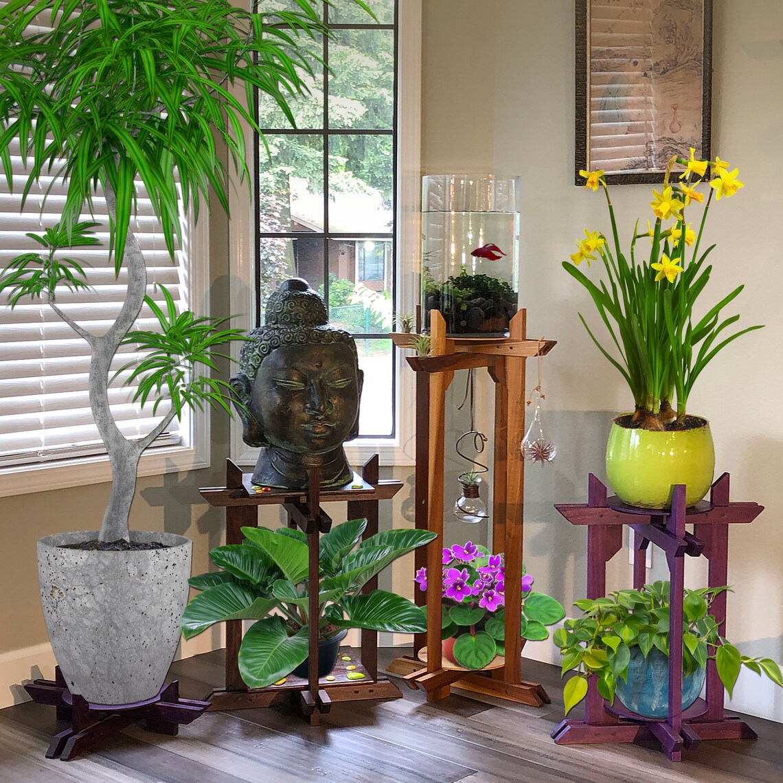 Plant Stand, Solid Hardwood Asian Japanese Style, Terrarium and ...