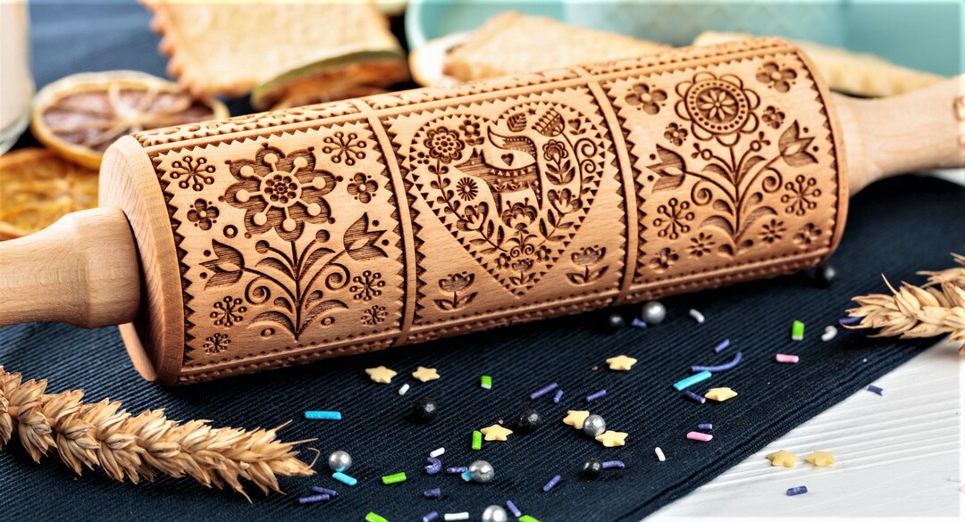 Cookie Roller Cutter Embossed Rolling Pin Springerle Patterned ...