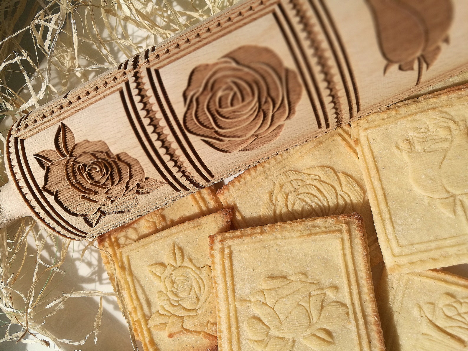 Roses Embossed Rolling Pin Springrle Cookie Mold Rose Textured Rolling ...