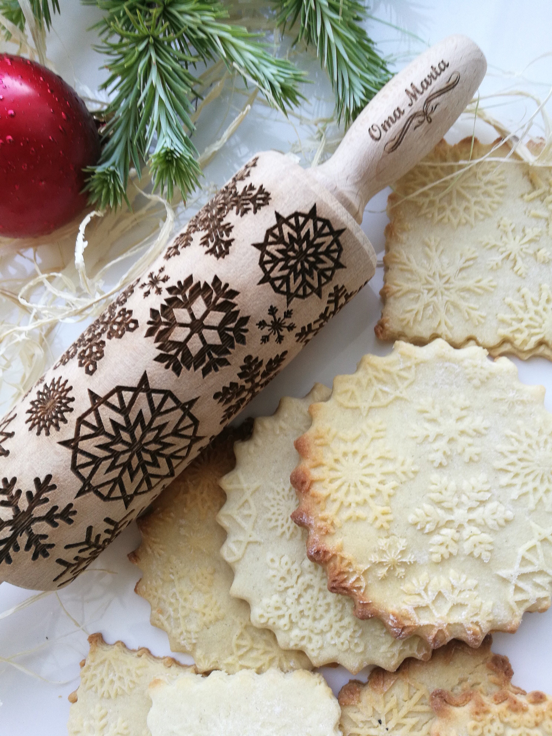 Snowflakes Embossed Rolling pin Christmas Carved rolling pin | Etsy