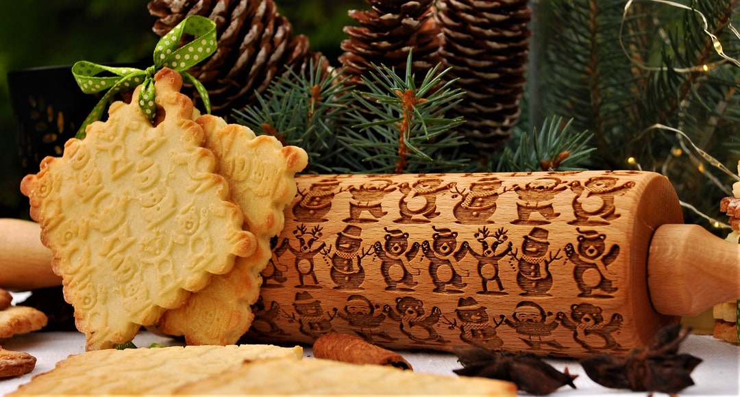 Christmas Embossing Rolling Pin, Snowman Engraved Rolling Pin , Wooden ...