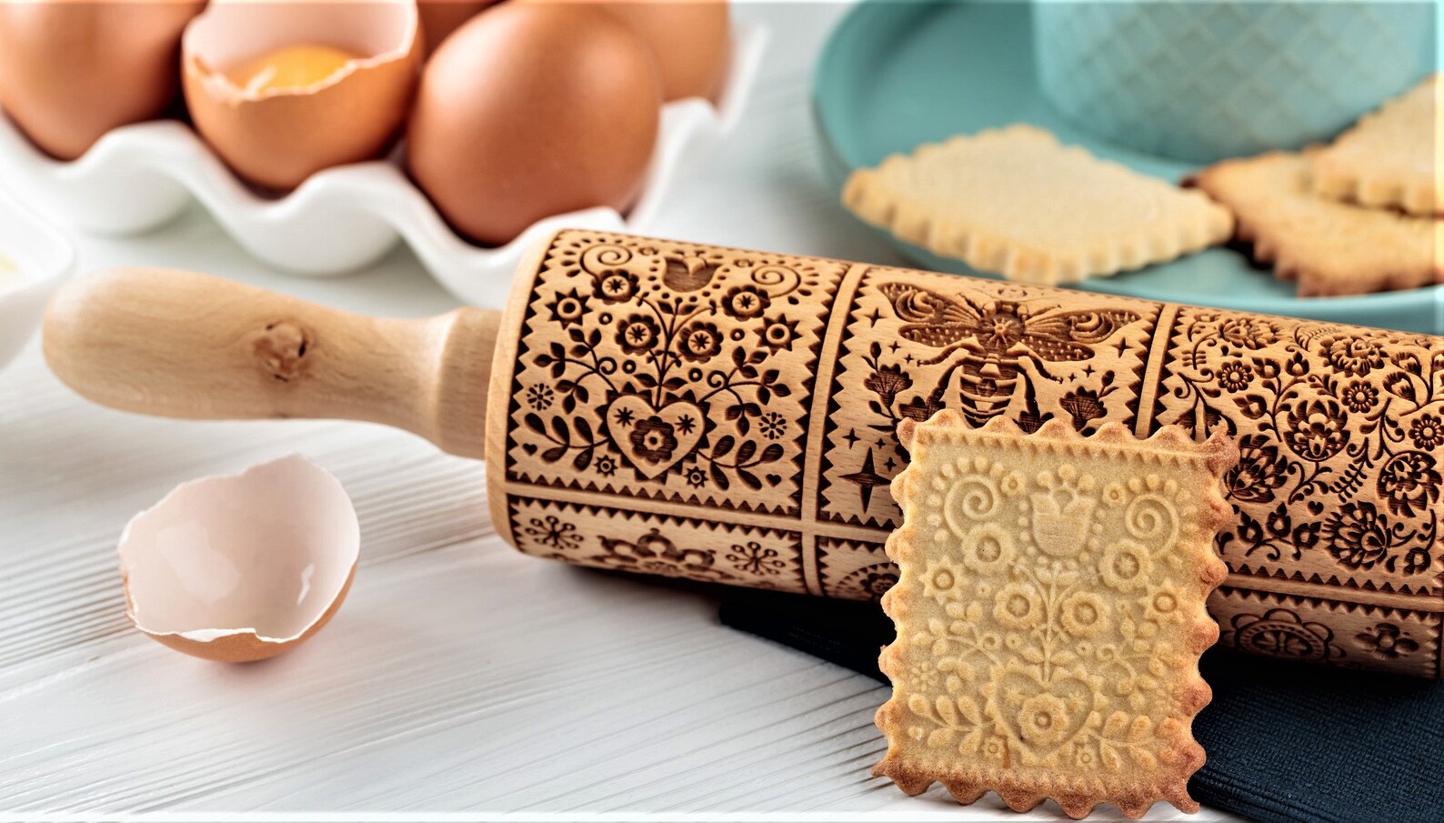 Cookie Roller Cutter Embossed Rolling Pin Springerle Patterned ...
