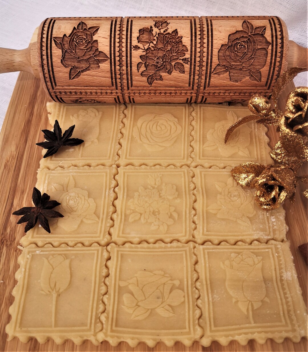 Roses Embossed Rolling Pin Springrle Cookie Mold Rose Textured Rolling ...