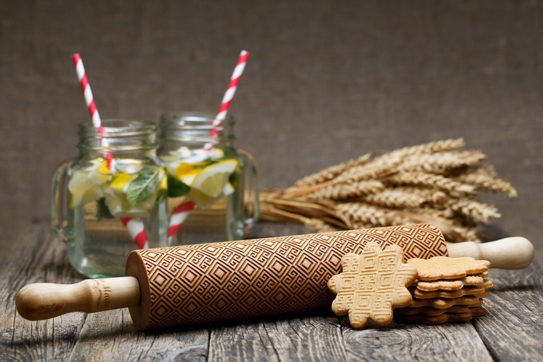 Gingerbread Rolling Pin Engraved Rolling Greek Patter, Embossed Dough ...