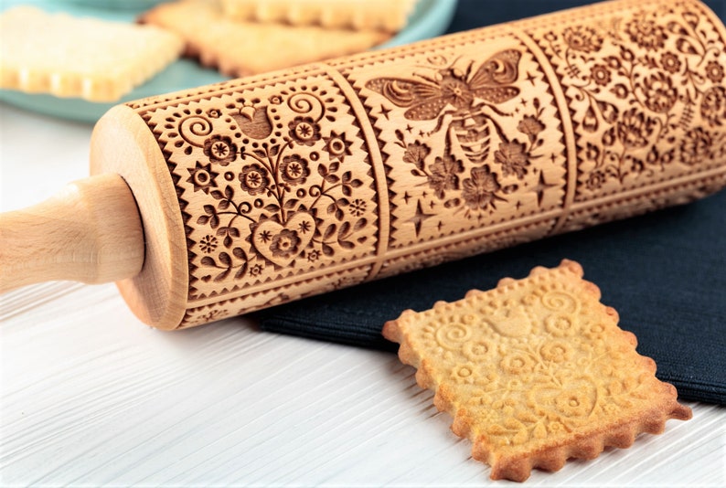 Cookie Roller Cutter Embossed Rolling Pin Springerle Patterned ...