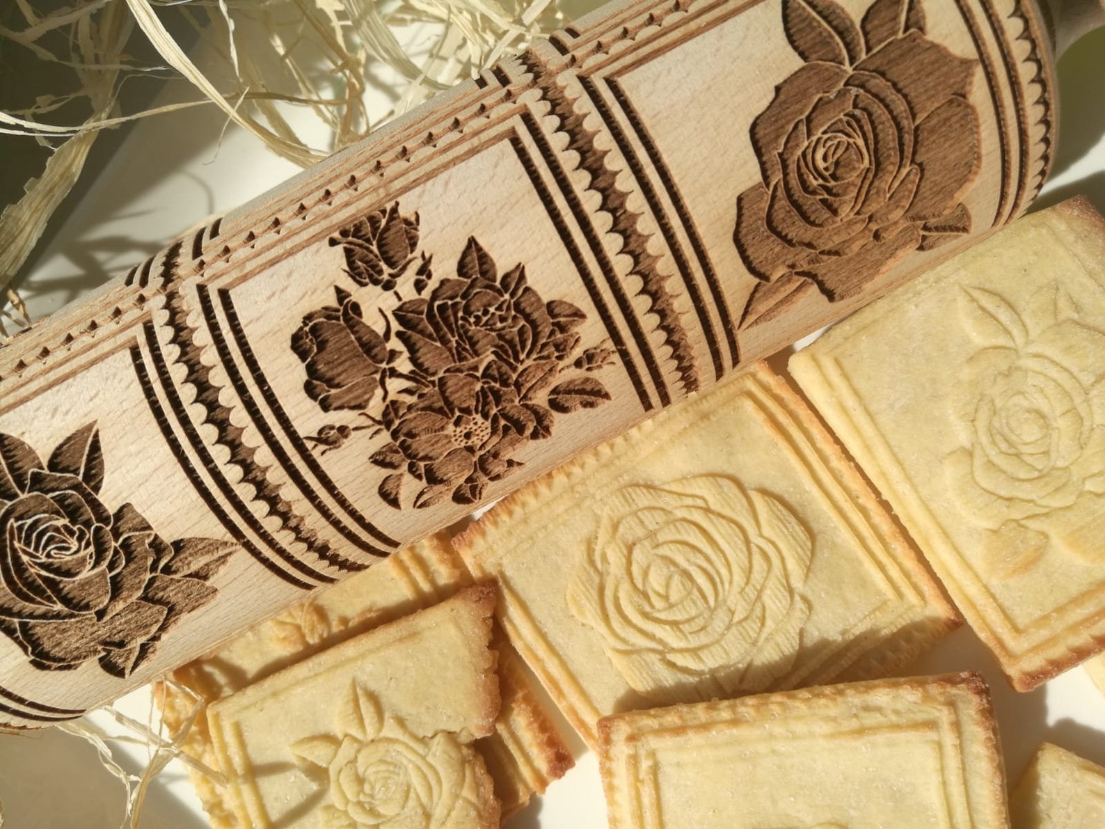 Roses Embossed Rolling Pin Springrle Cookie Mold Rose Textured Rolling ...