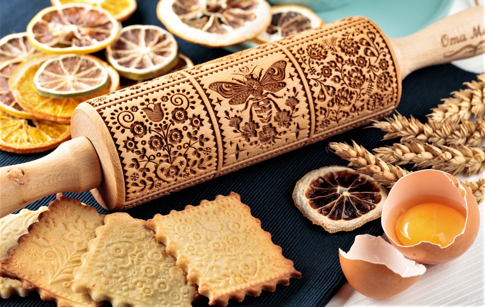 Cookie Roller Cutter Embossed Rolling Pin Springerle Patterned ...