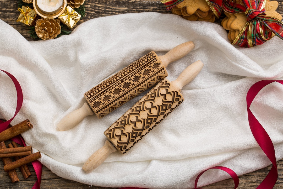 Set 2 MINI Embossed Rolling Pins Embossed Dough Roller Carved Mold ...