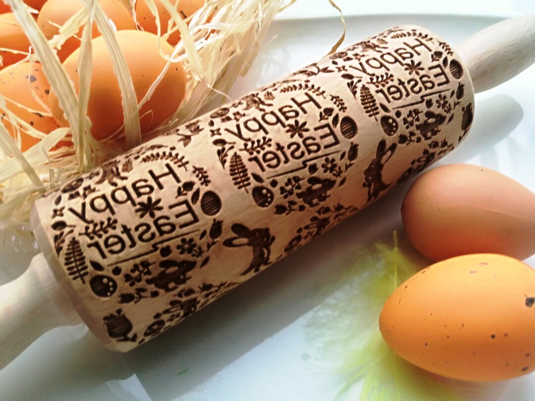 Happy Easter Engraved Wooden Rolling Pin for Cookie Easter Bunny Easter ...
