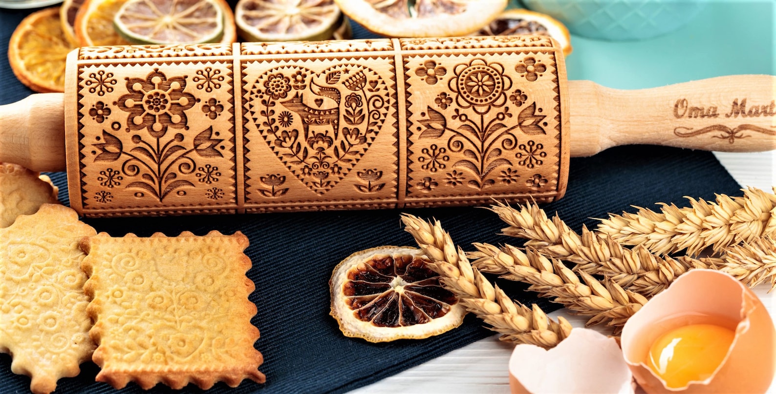Cookie Roller Cutter Embossed Rolling Pin Springerle Patterned ...