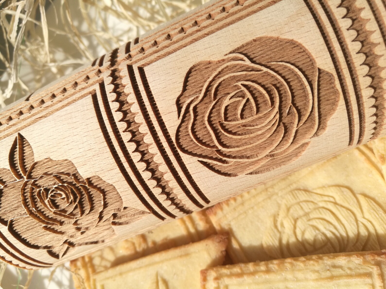 Roses Embossed Rolling Pin Springrle Cookie Mold Rose Textured Rolling ...