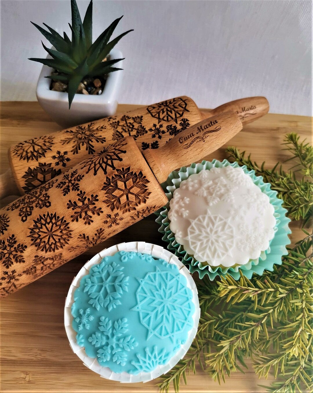 2 MINI Any Rolling Pins Set Snowflakes Carved Rolling Pins Embossed ...