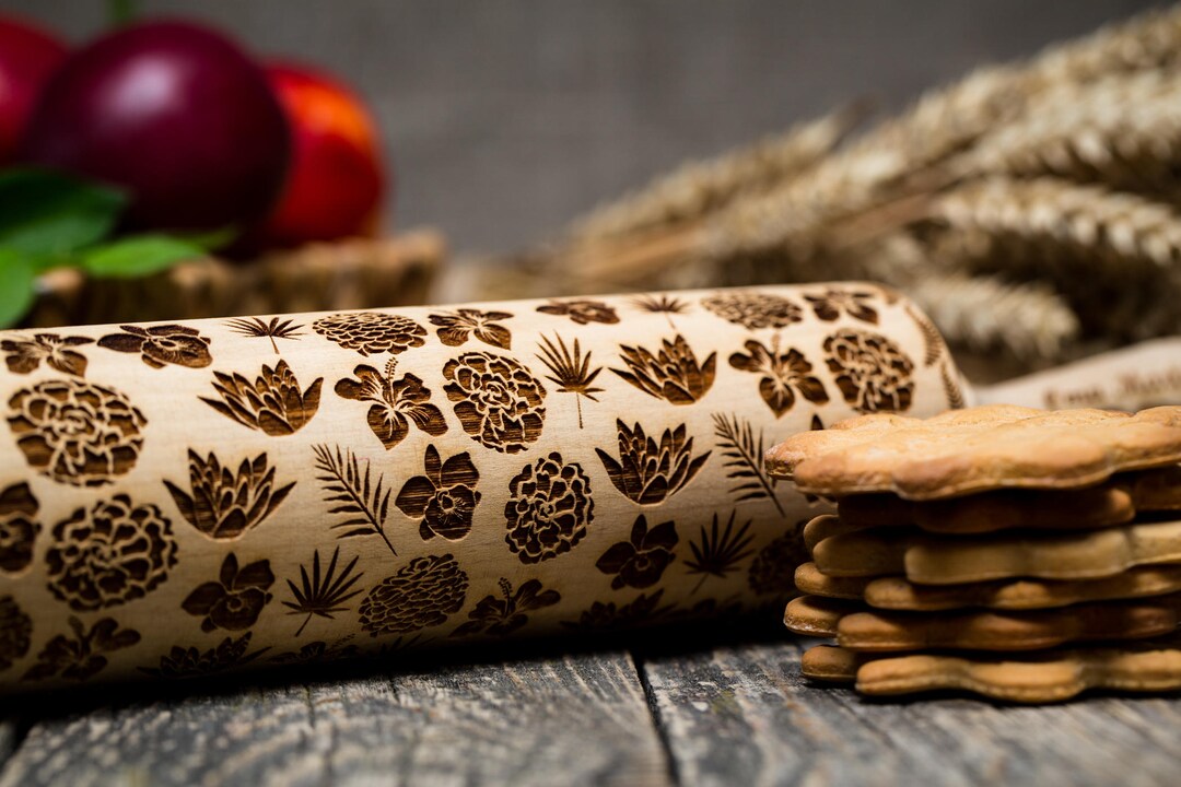 Tropical Flowers Engraved Rolling Pin Springerle Cookie Mold Wooden ...