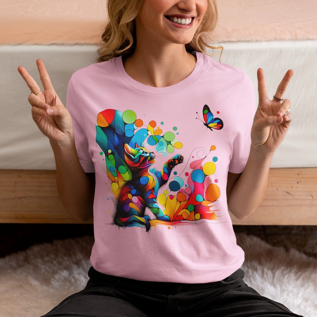 Whimsical Play: Kitten and Butterfly Colorful Abstract Art Tee - Etsy UK