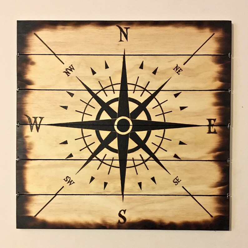 Woodburned compass rose Pyrography wall art wall hanging | Etsy