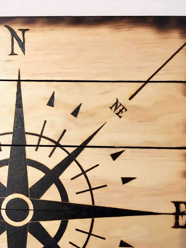 Woodburned compass rose Pyrography wall art wall hanging | Etsy