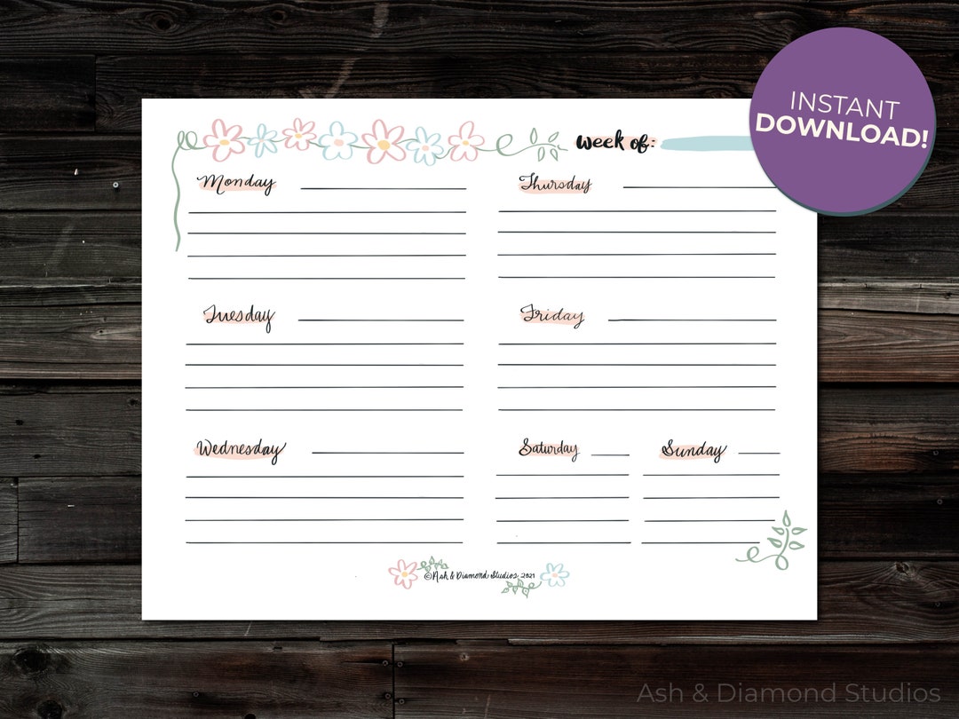 Weekly Calendar Planner Insert Printable - Etsy